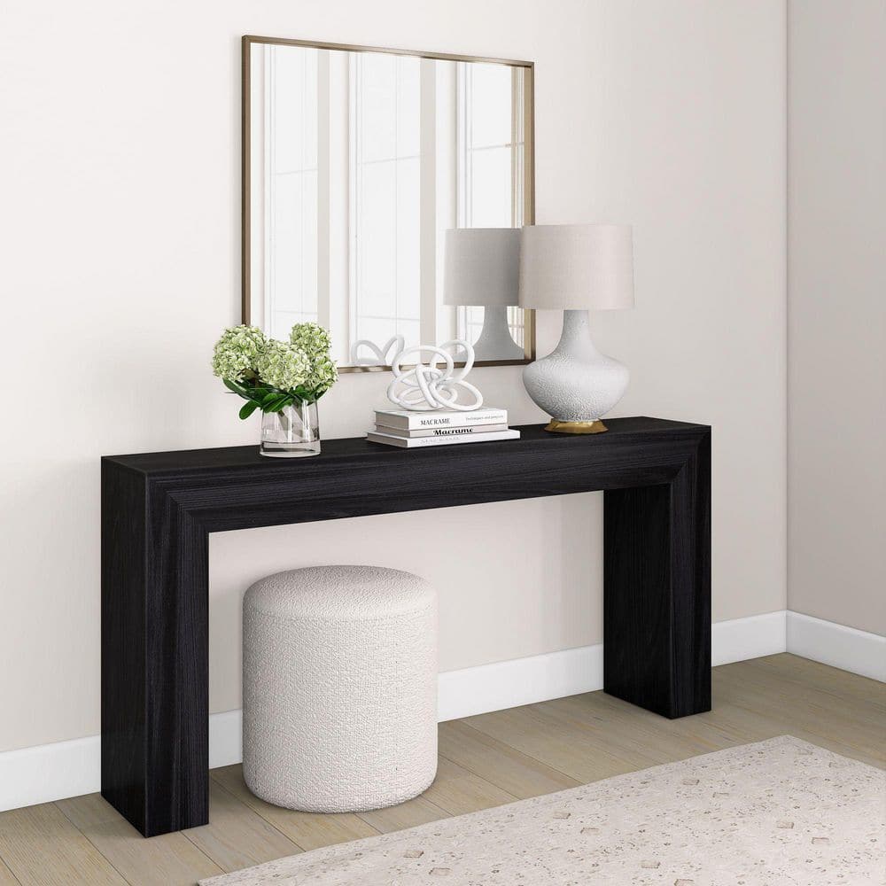 PLANK+BEAM Grande 66 in. Black Wirebrush Rectangle Wood Console Table ...