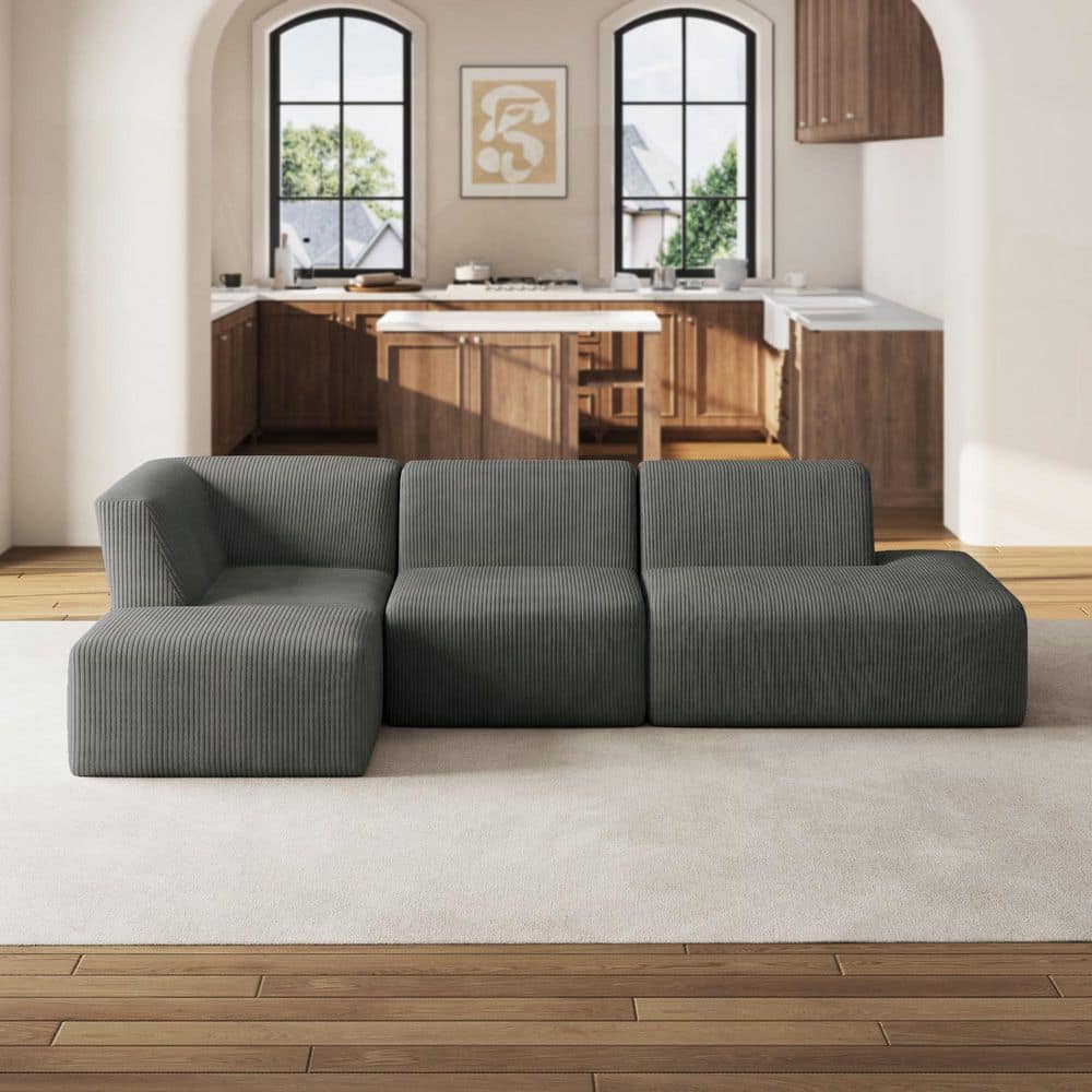 Uixe 121.15 in. Square Arm 4-Piece Corduroy Modular Free Combination Sectional Sofa in Gray with ...