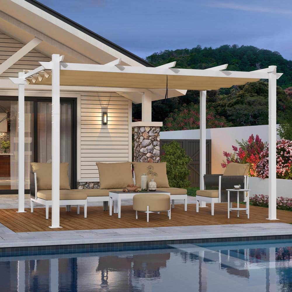 PURPLE LEAF 10 ft. W x 13 ft. D Patio White Aluminum Pergola with Khaki ...