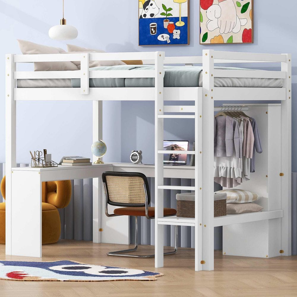 Polibi White Twin Size Wood Loft Bed with L-shaped Desk, Wardrobe and Storage Shelves RD14 ...
