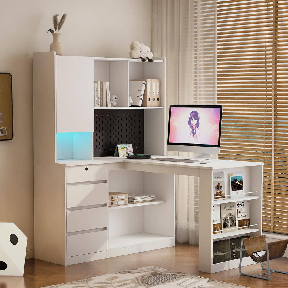 anpport 46 in. L-Shaped White Wood 4-Drawer Computer Desk with Open ...