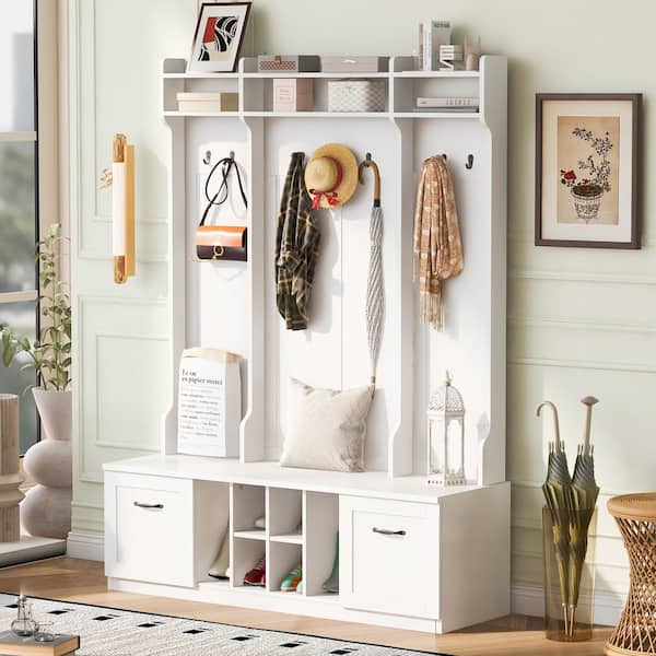 Noble House Salter Modern White 5-in-1 Entryway Hall Tree with Coat ...