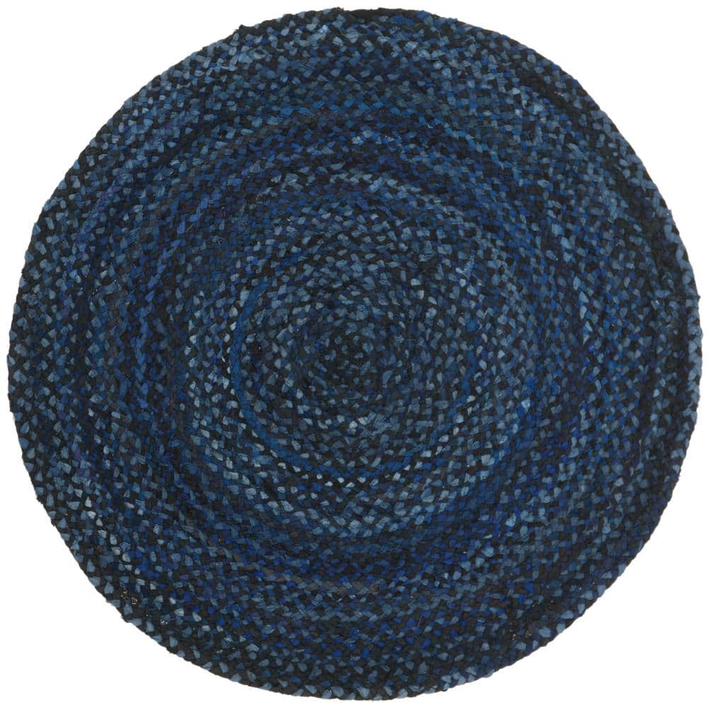 SAFAVIEH Braided Navy/Black Doormat 3 ft. x 3 ft. Round Solid Area Rug ...