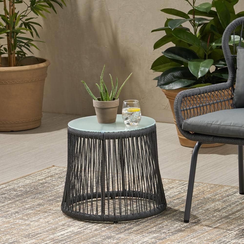 Runesay Gray Woven Rope Outdoor Dining Table Side Table TABBO-LLE-gr ...