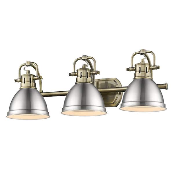 Golden Lighting Duncan 8.25 in. 3-Light Aged Brass Vanity Light with Silver Shade 3602-BA3 AB-PW ...
