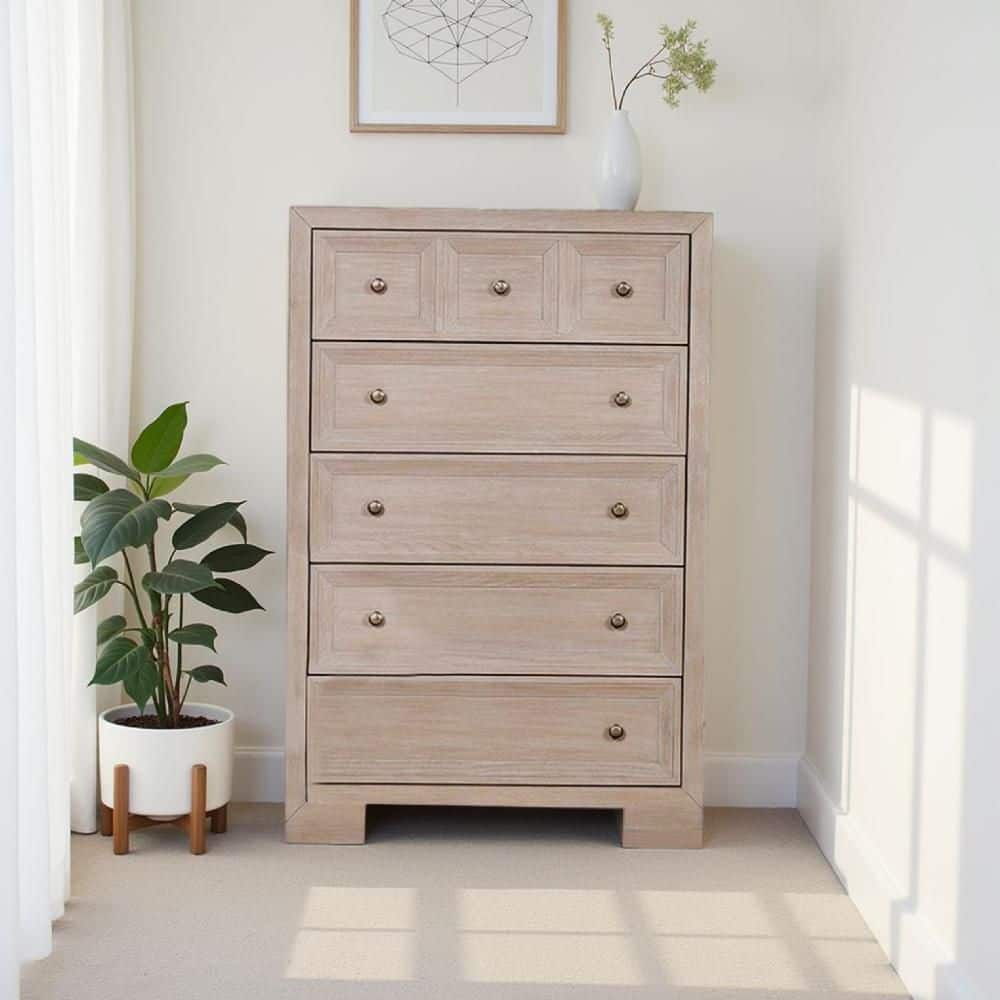 Benjara Kizie Beige and Bronze 5 Drawers 38 in. Chest of Drawers Tall ...