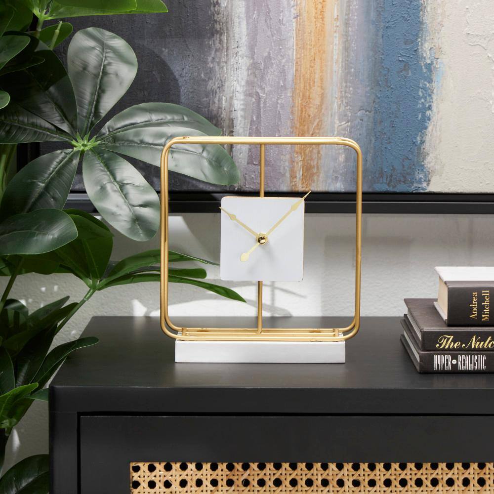 Litton Lane 7 in. x 8 in. Gold Metal Geometric Open Frame Clock with ...