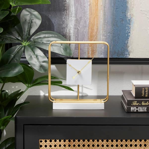 Litton Lane 7 in. x 8 in. Gold Metal Geometric Open Frame Clock with ...