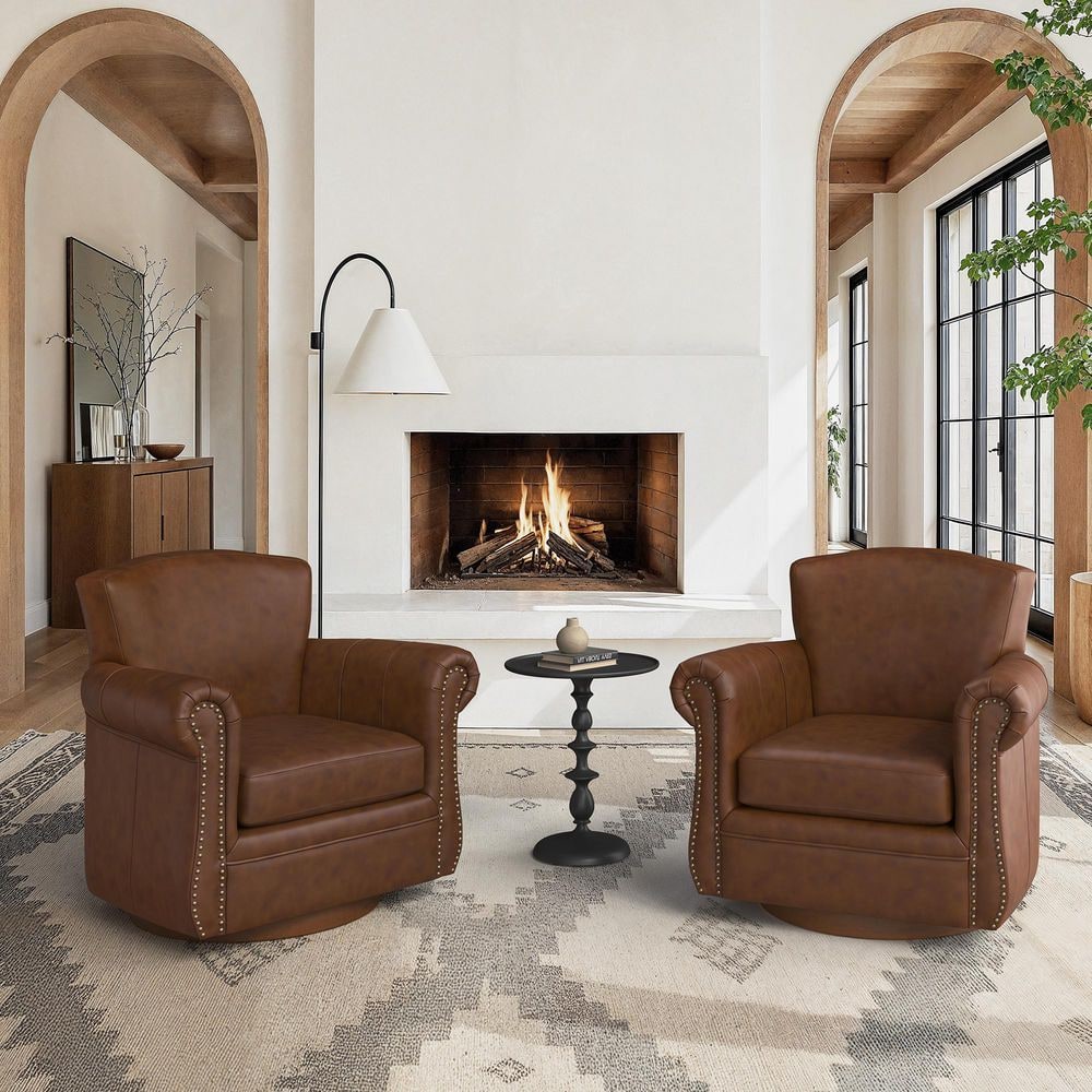 OrangeOne Oubo Brown Mid-Century Genuine Leather Curved Back Swivel ...