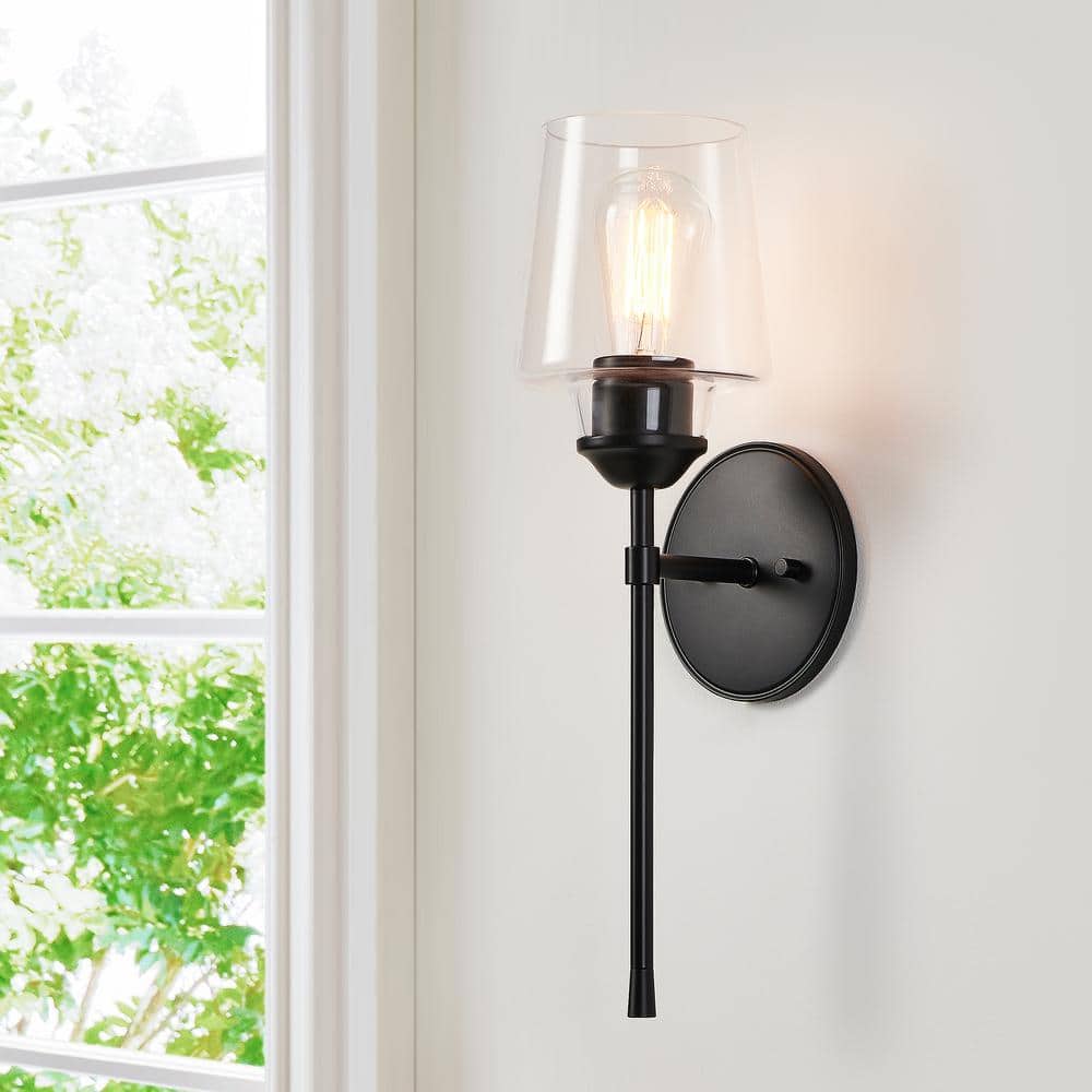 KAWOTI 1-Light Black Wall Sconces with Goblet Clear Glass Shade 21369 ...