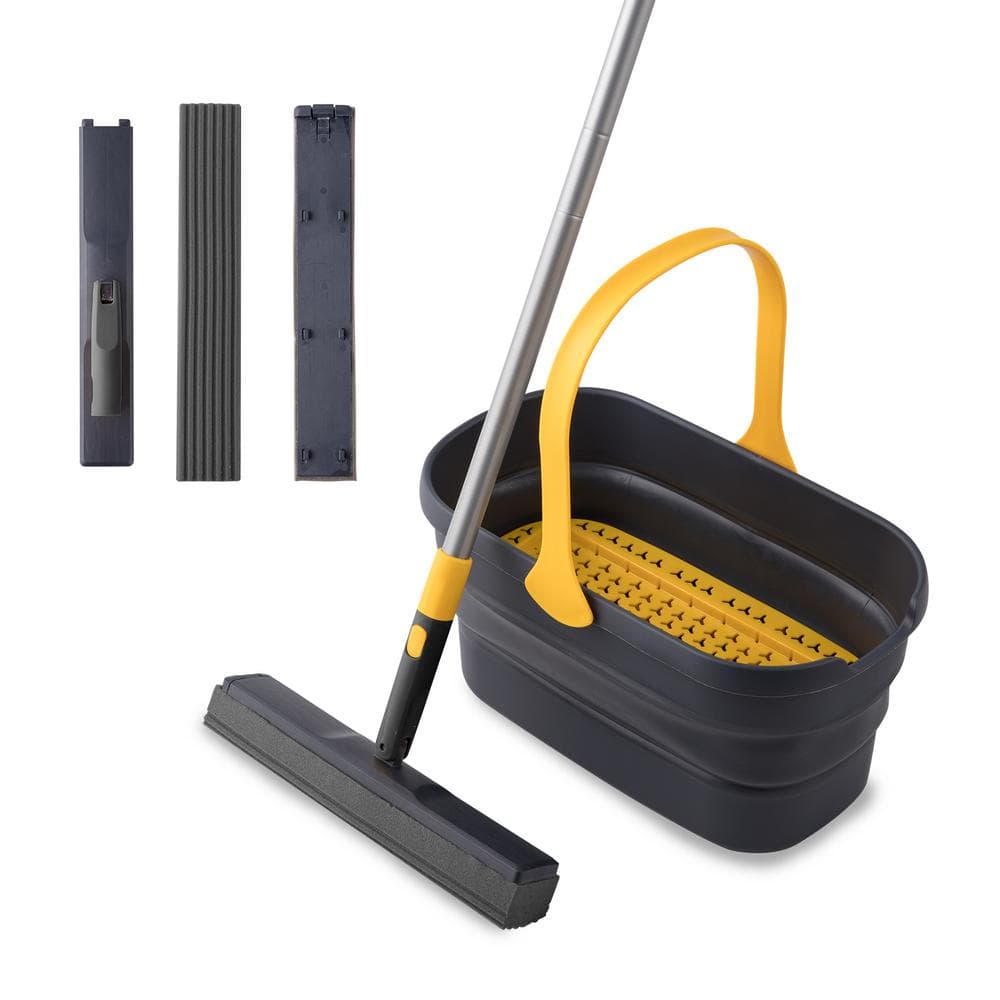 Misopily Collapsible 7 gal. Gray Plastic Mop Bucket and Sponge Mop Kit ...