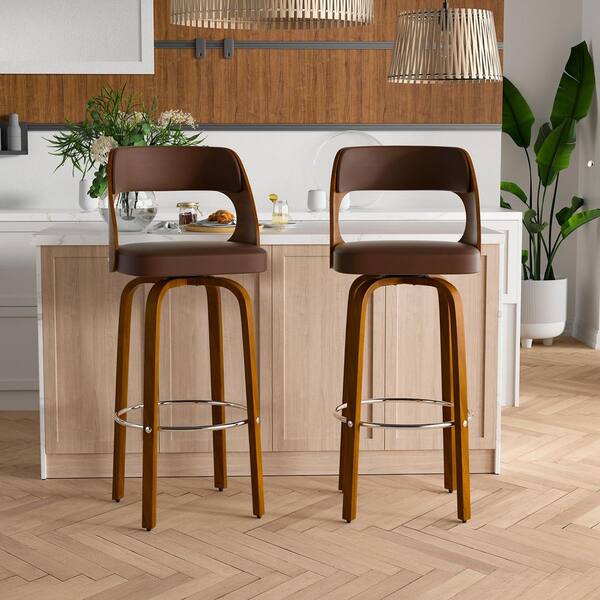 HOMEFUN 39 in. H Modern Brown Faux Leather High Back Wood Frame Bar ...