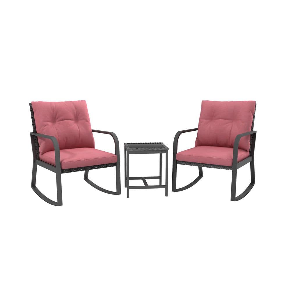 3-Piece Metal Outdoor Rocking Chairs Set with Red Cushions, Wicker-Top ...
