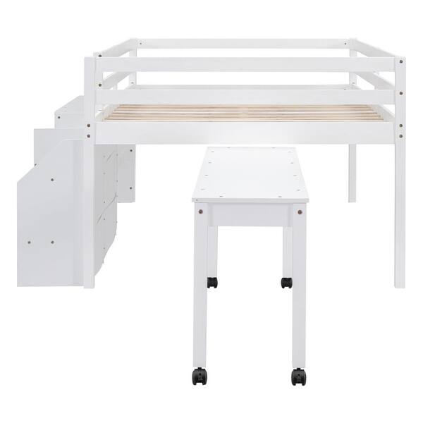 Harper & Bright Designs White Full Size Wood Low Loft Bed with Built-in Desk, 2-Drawer and ...