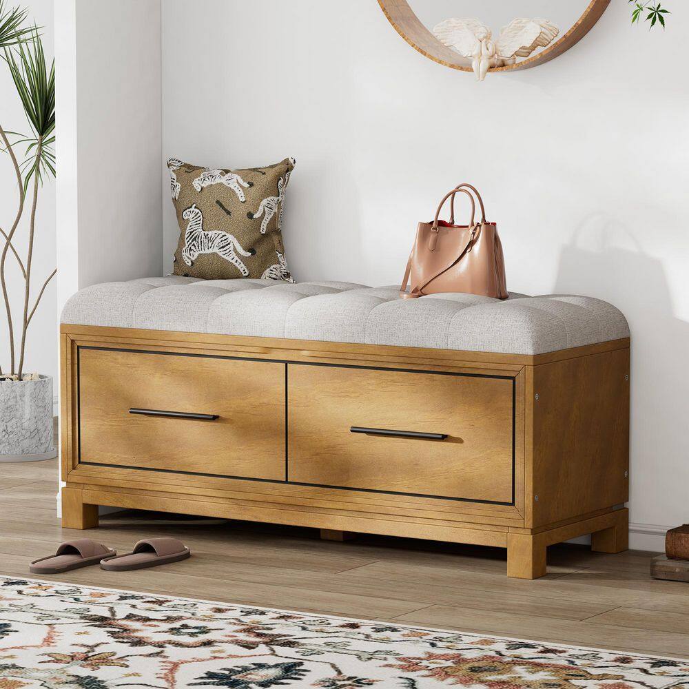 Nestfair 18.1 in. H x 43 in. W Natural Wood Shoe Storage Bench with ...