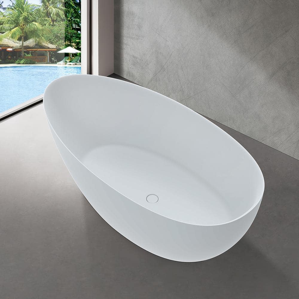 INSTER Juno 67 In. X 34.6 In. Solid Surface Non-Whirlpool Eggy Shape Soaking Bathtub in White ...
