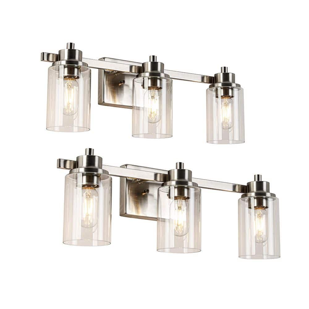 Jushua 8 in. W. 3-Light Sand Nickel Bathroom Vanity Light with Shade ...