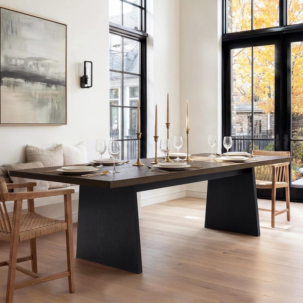 Homsee Natural Wood 83.9 in. Double Pedestal Base Dining Table Seats-6 ...