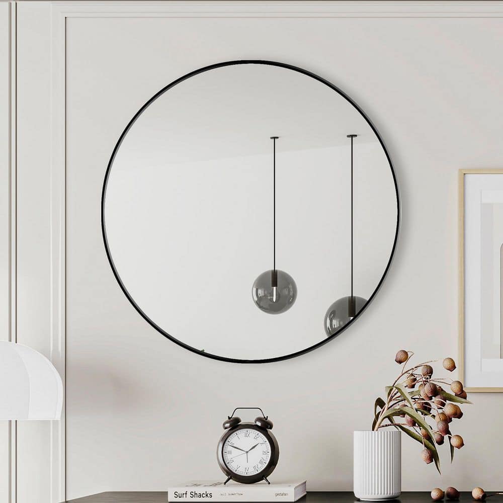 Seafuloy 38 in. W x 38 in. H Black Round Metal Framed Wall Mirror ...