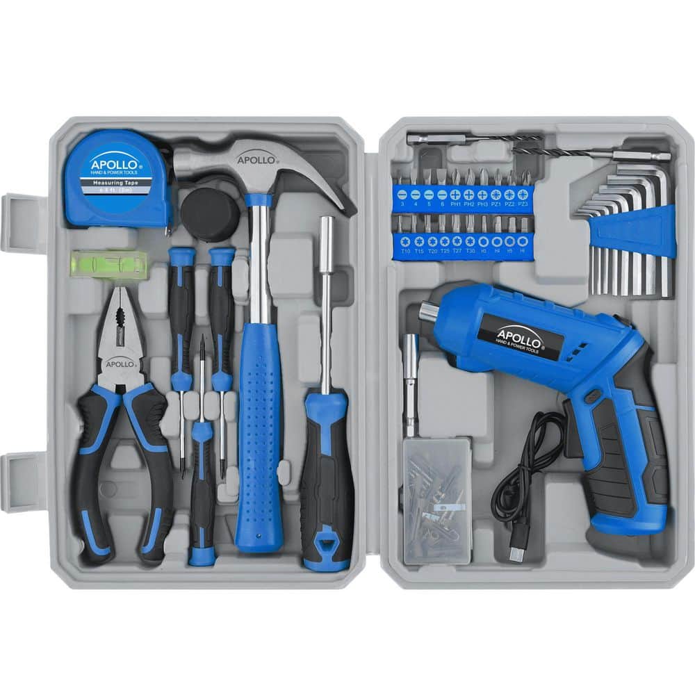Apollo Tools 81-Piece Home Tool Set with 3.6 Volt Cordless Screwdriver and Hard Case DT2020 ...