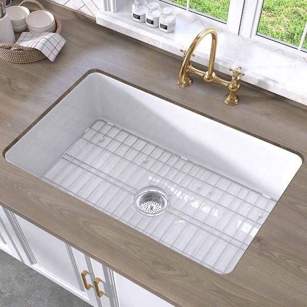 NTQ 32 in. Undermount Kitchen Sink Single Bowl Rectangular Sink White ...