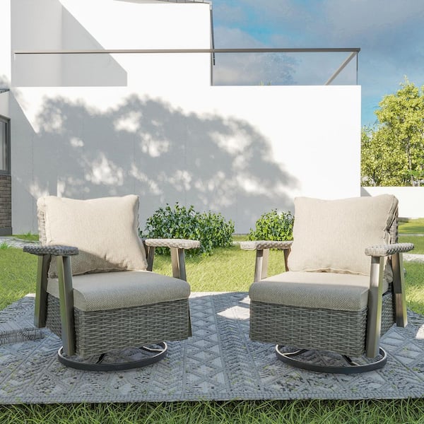 PremDwell Wicker Outdoor Rocking Chair with Extra-Thick Beige Cushions ...