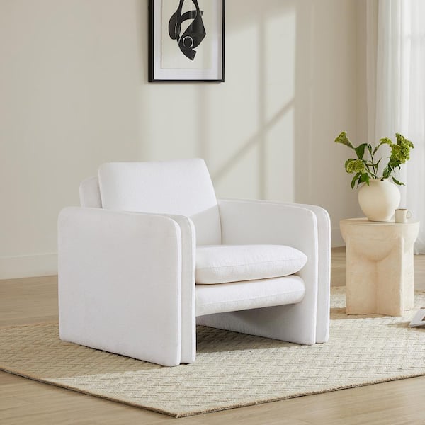 Lily 35 in. W White Fabric Modern Boucle Accent Chair with Double Arm Boucle Square Armchair for Living Room or Bedroom
