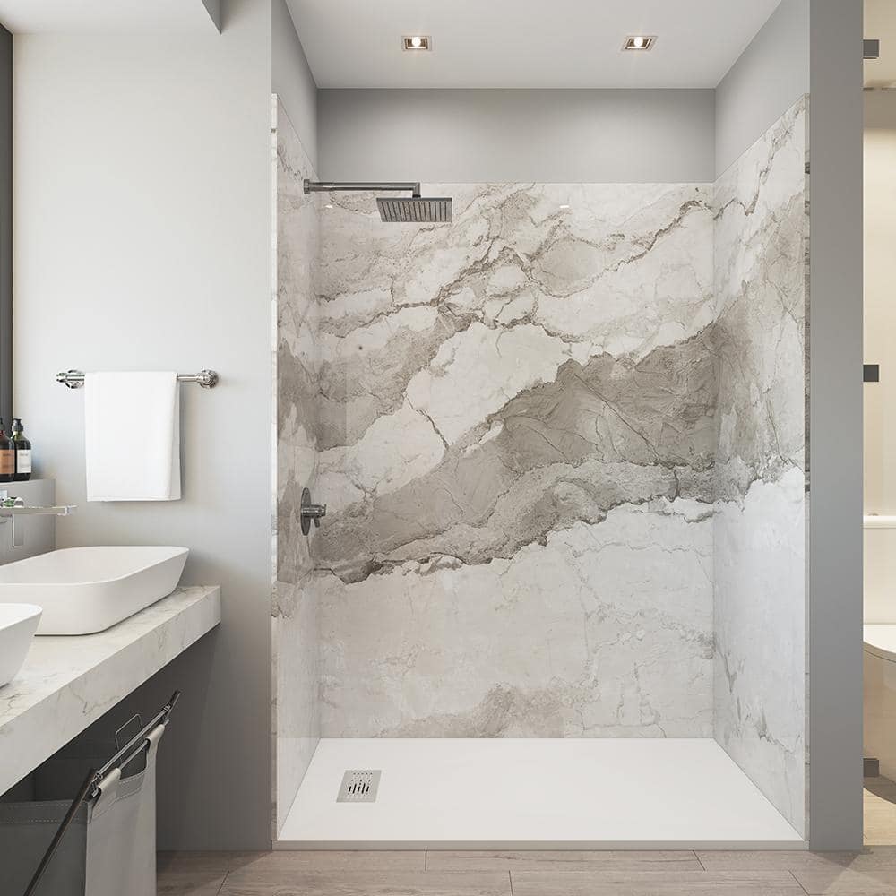 CASTICO 60 in. x 32 in. x 84 in. Alcove Solid Composite Stone Shower ...