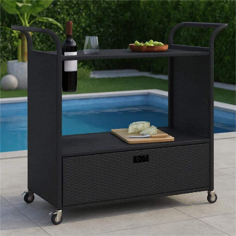 Benjara Ven Black Rattan and Steel Outdoor Serving Cart with Lockable ...