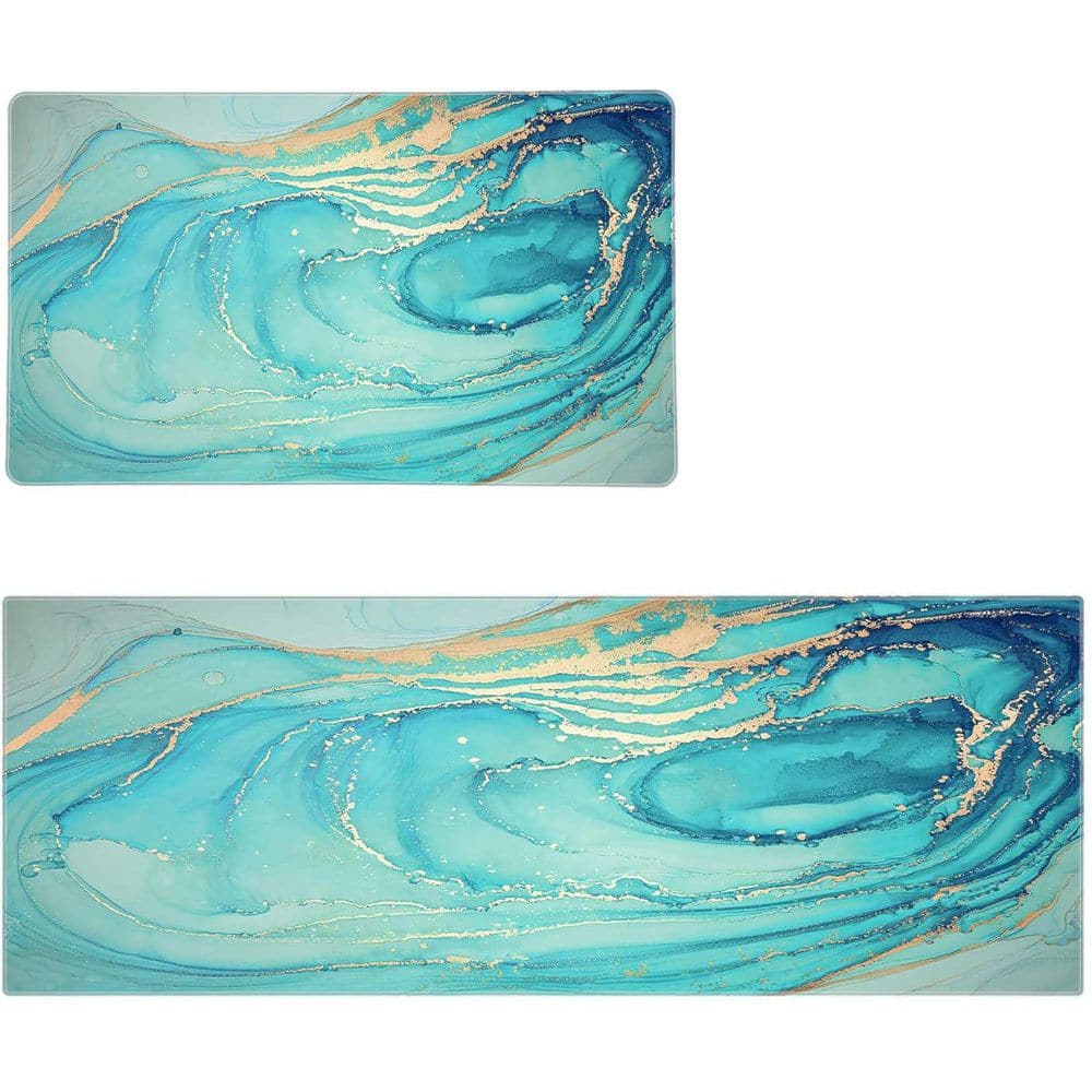 Marble Gold Anti Fatigue Kitchen Mats Indoor Set of 2 Teal (17.3 in. x ...