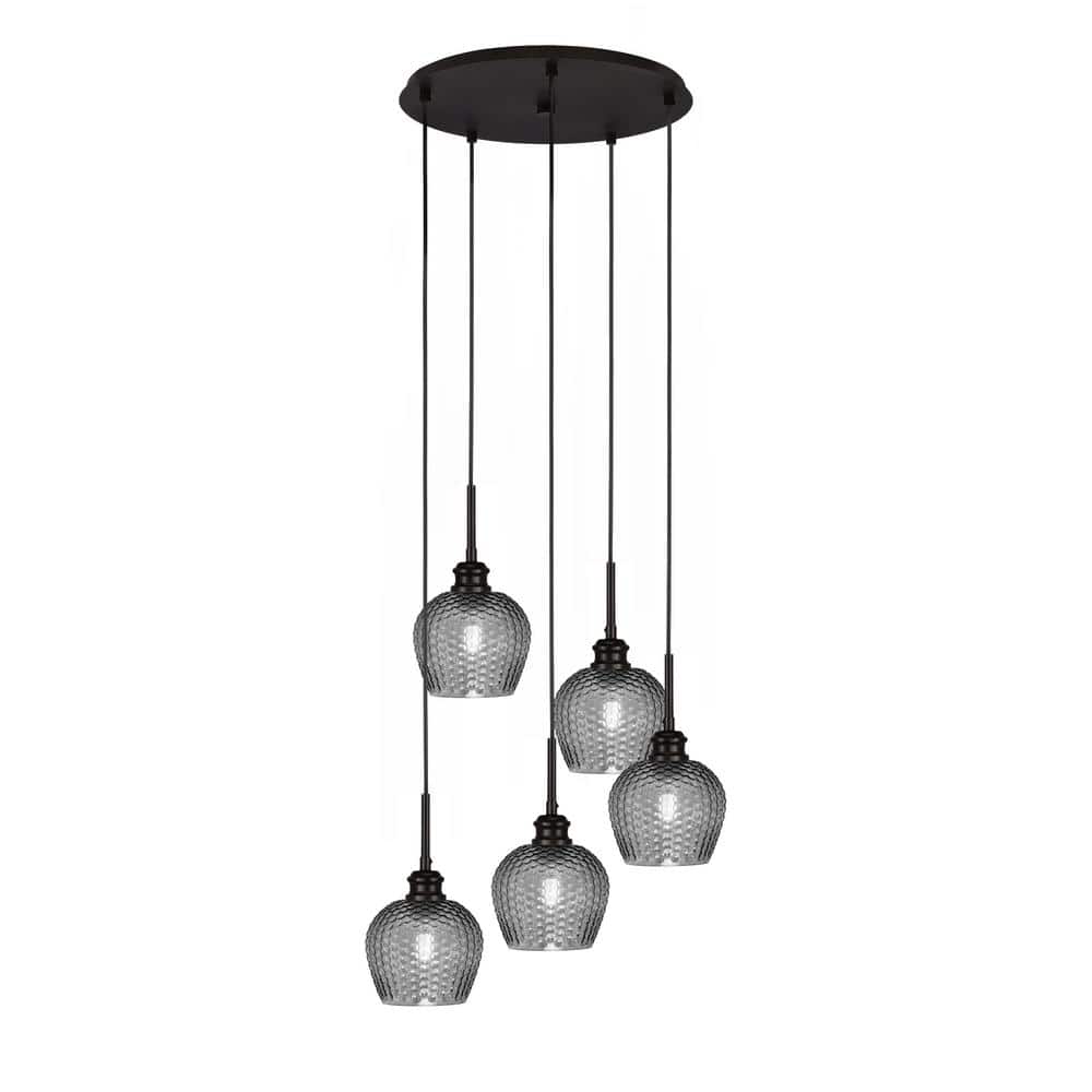 Albany 60-Watt 18.75 in. 5-Light Espresso Cord Pendant Light Smoke Textured Glass Shade No Bulbs ...