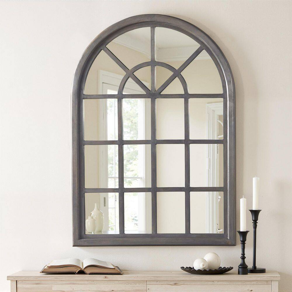 Wooakway Gray 34 in. W x 47 in. H Arch Wood Accent Mirror Window Pane ...