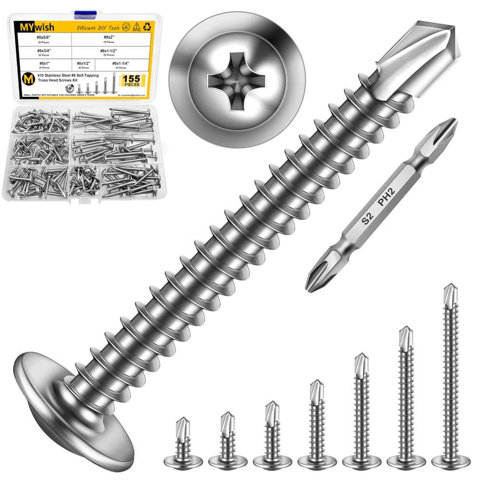 MYWISH #8 x 1/2 in. - 2 in. Self-Tapping Phillips Truss Head Screws, 410 Stainless Steel, 155 ...