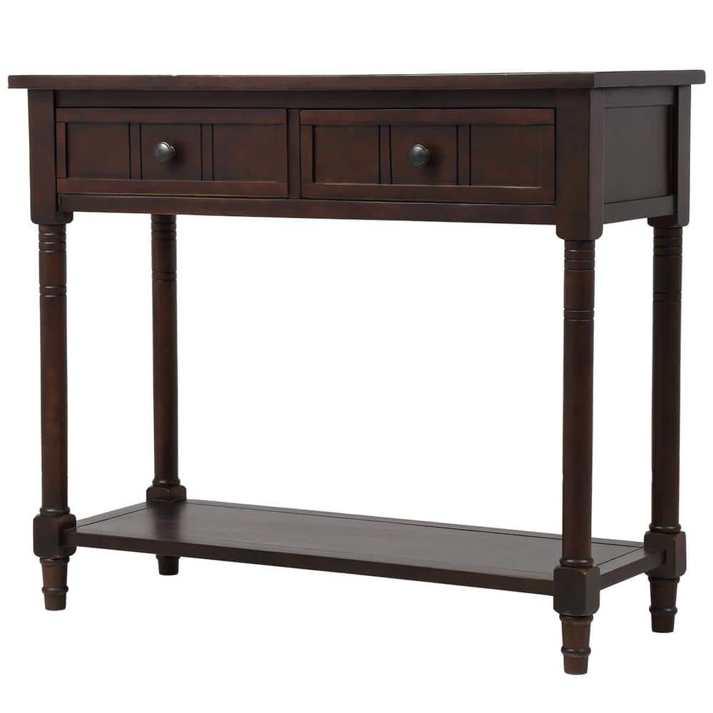Polibi 35.34 in. Espresso Rectangle Wood Console Table with Two Drawers ...