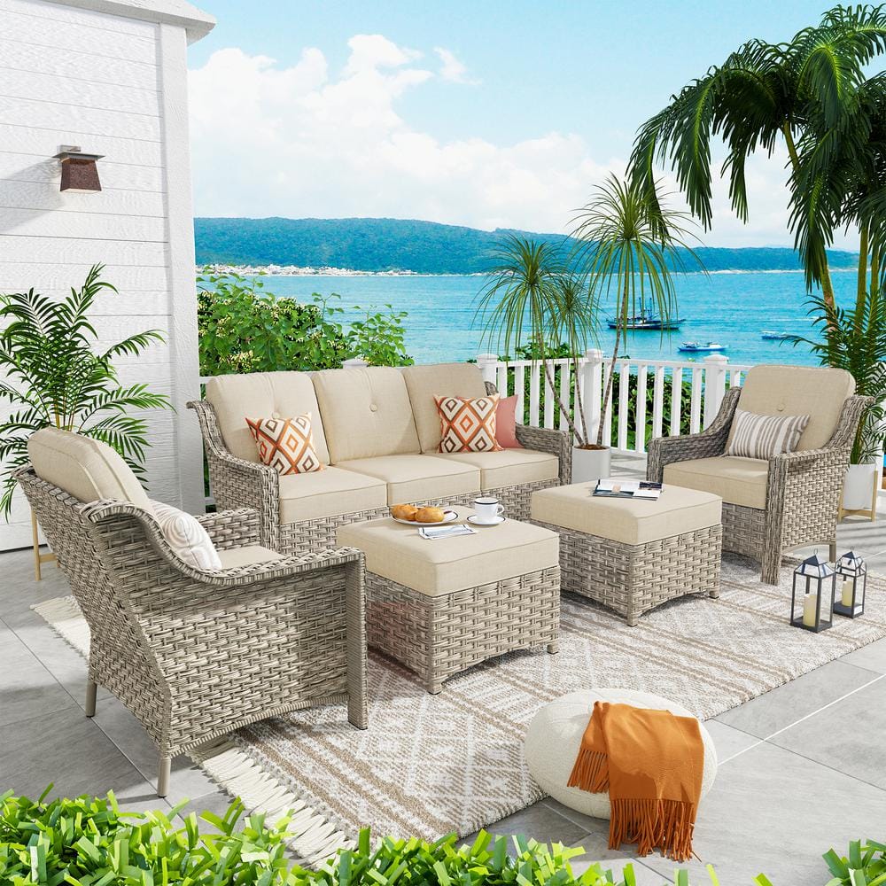 weaxty W Tulip F Gray 5-Piece Wicker Patio Outdoor Conversation Sofa ...