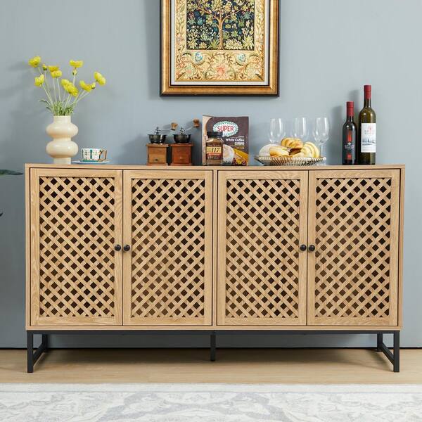 Natural Wood 57 in. Buffet with 4-Visualized Grid Doors and Adjustable ...