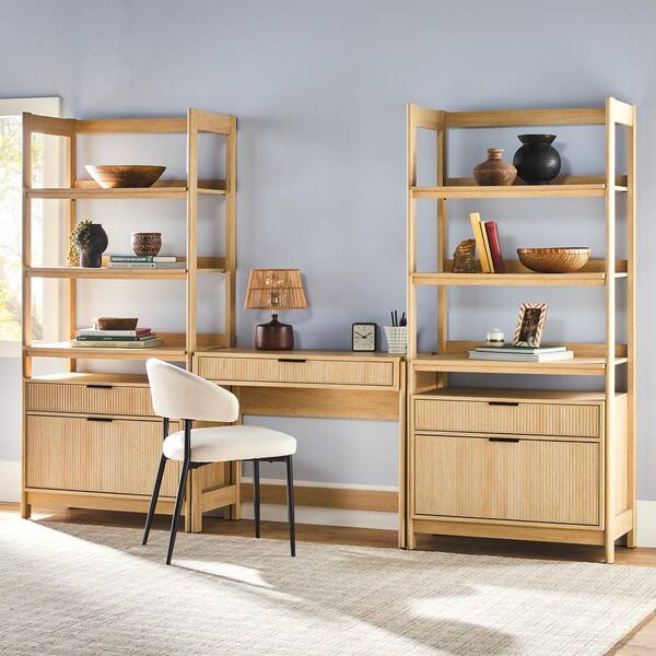 Welwick Designs Transitional Coastal Reeded 38 in. Writing Desk with 2 Wide Modern Bookcases 3 Piece HD10121 The Home Depot