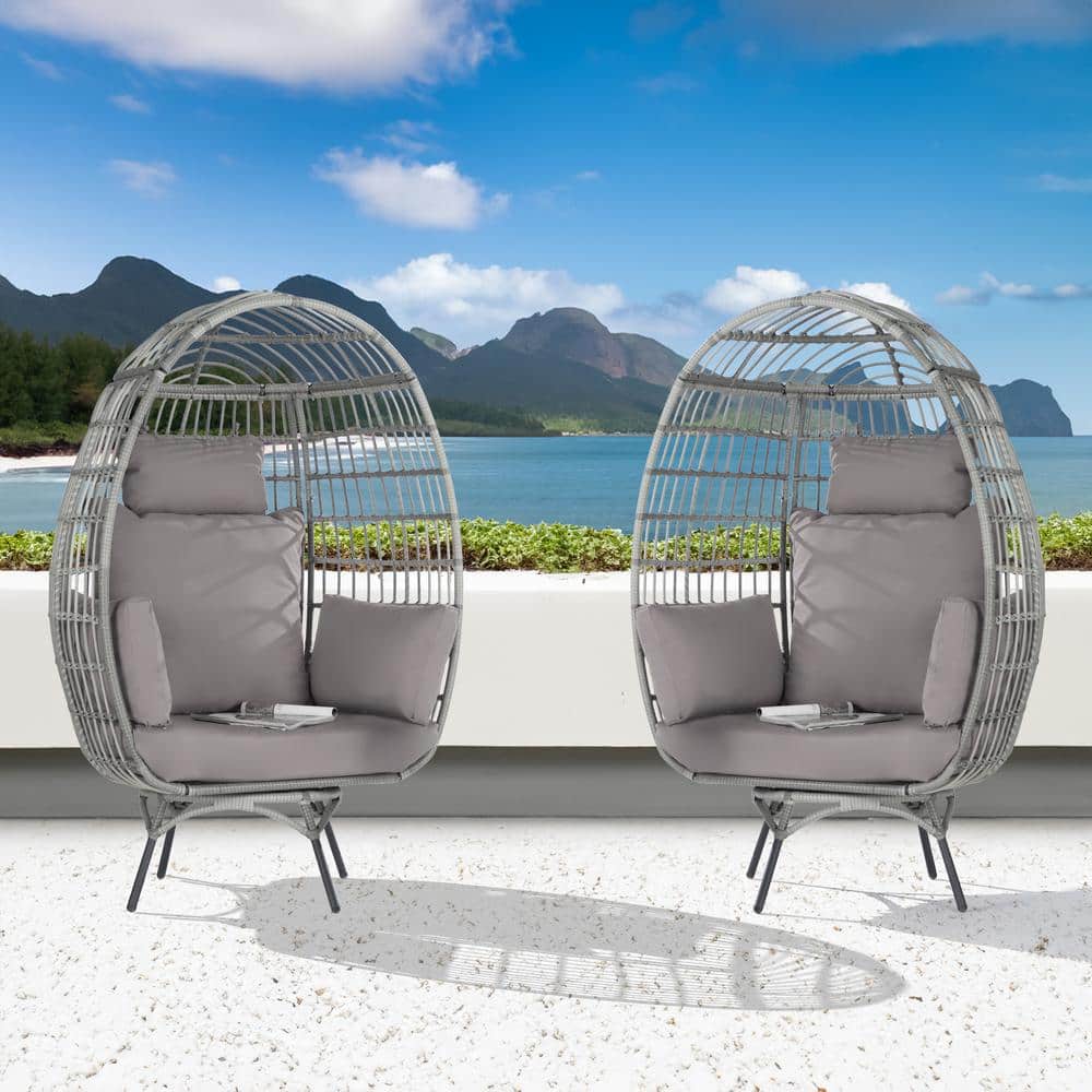 BFB 2 -Pieces Oversized Patio Gray Wicker Swivel Egg Chair, Indoor ...