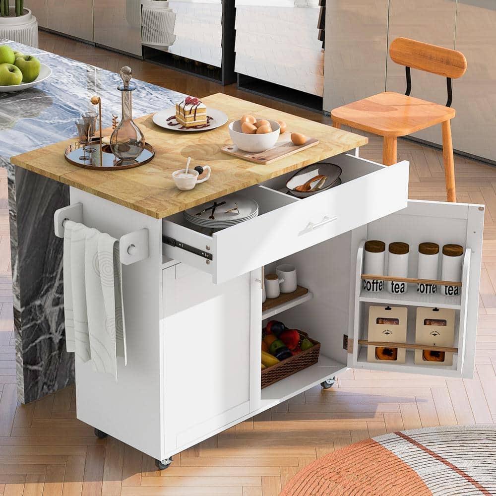 Harper & Bright Designs White Rubber Wood Kitchen Cart with Door ...