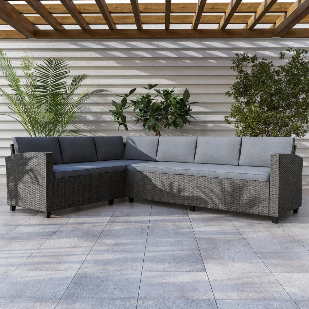 MUSE & LOUNGE Dasan Gray Wicker Outdoor L-Shaped Sectional with Gray ...