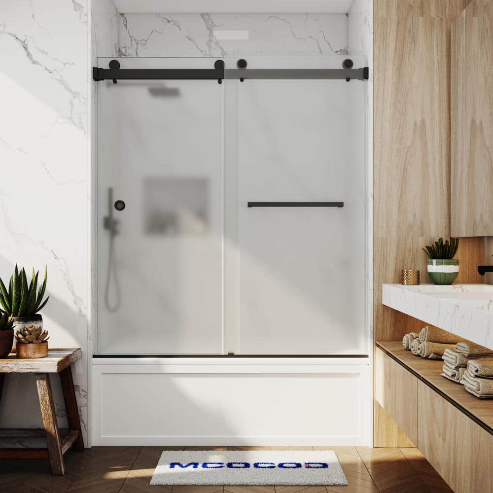 MCOCOD 56-61 in. W x 66 in. H Double Sliding Frameless Smooth Sliding Tub Door in Matte Black ...