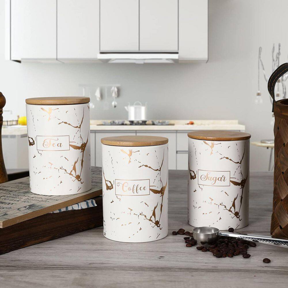 Lynzavix 3-Piece Kitchen Ceramic Canister Airtight with Bamboo Lid for ...
