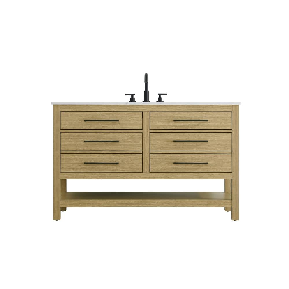 TIMELESS HOME 60 in. Single Sink Honey Brown Bath Vanity with White Engineered Marble Top ...