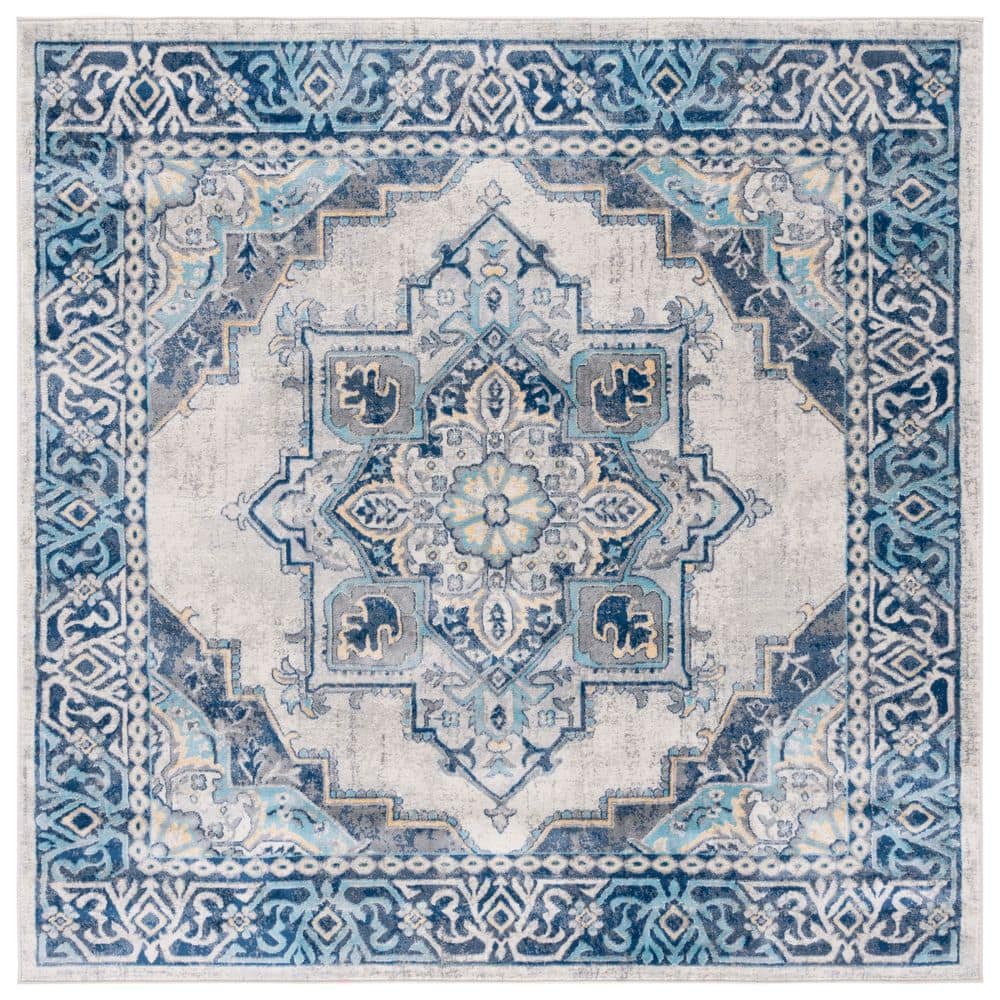 SAFAVIEH Brentwood 7 ft. x 7 ft. Blue/Light Gray Oriental Floral Ornate ...