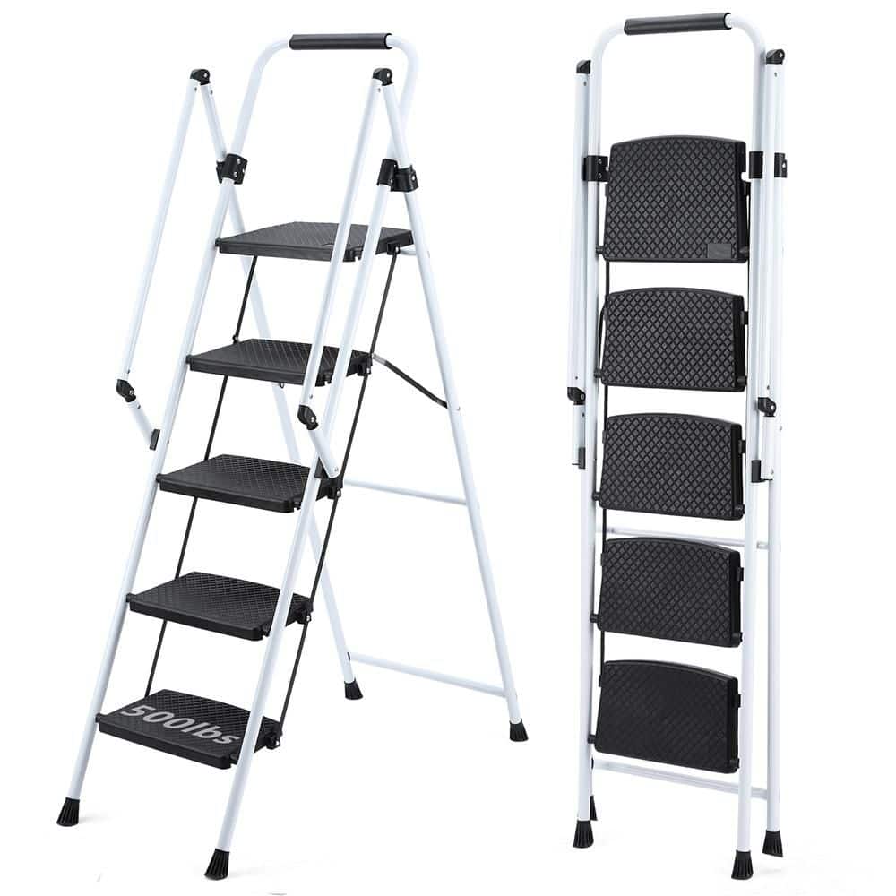 Reach 8 ft. White 5-Step Strong Steel Ladder 5.3 ft. Wide Anti-Skid ...