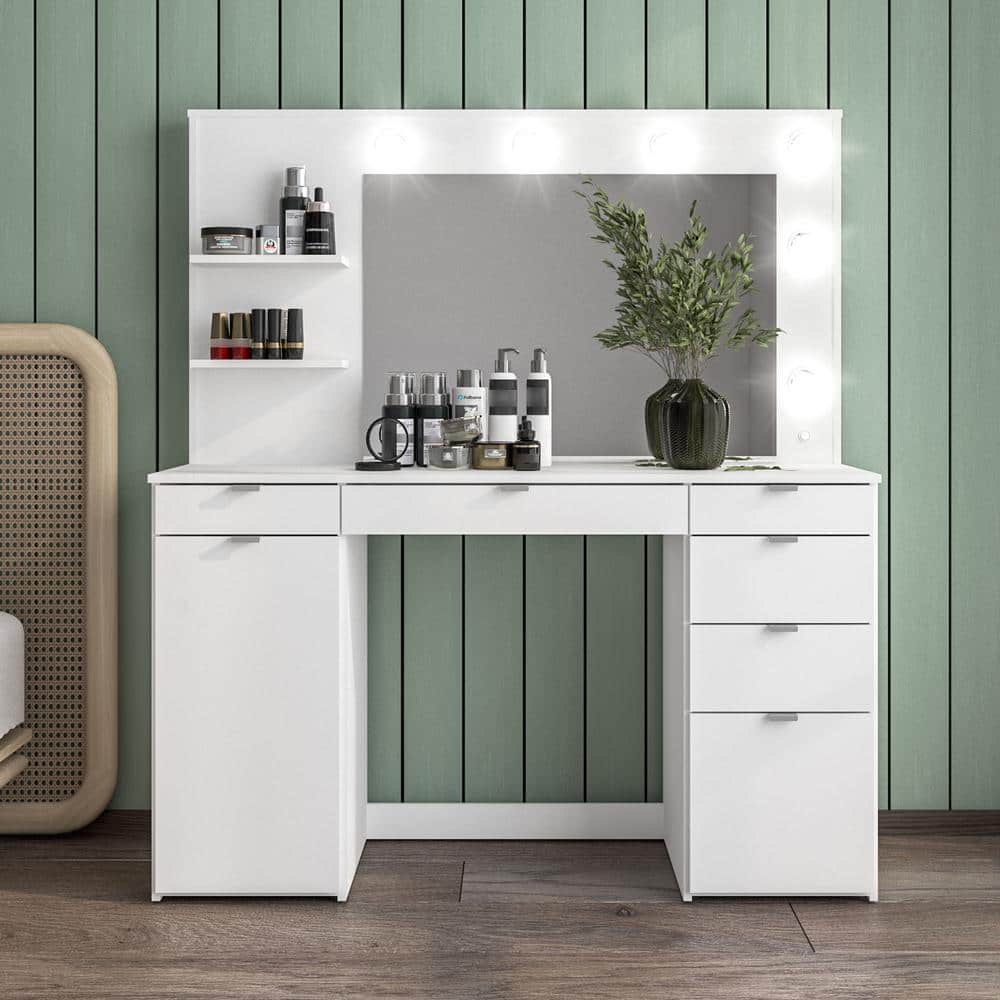 Polifurniture Olivia White 6 Drawer Makeup Vanity with Lighted Mirror ...