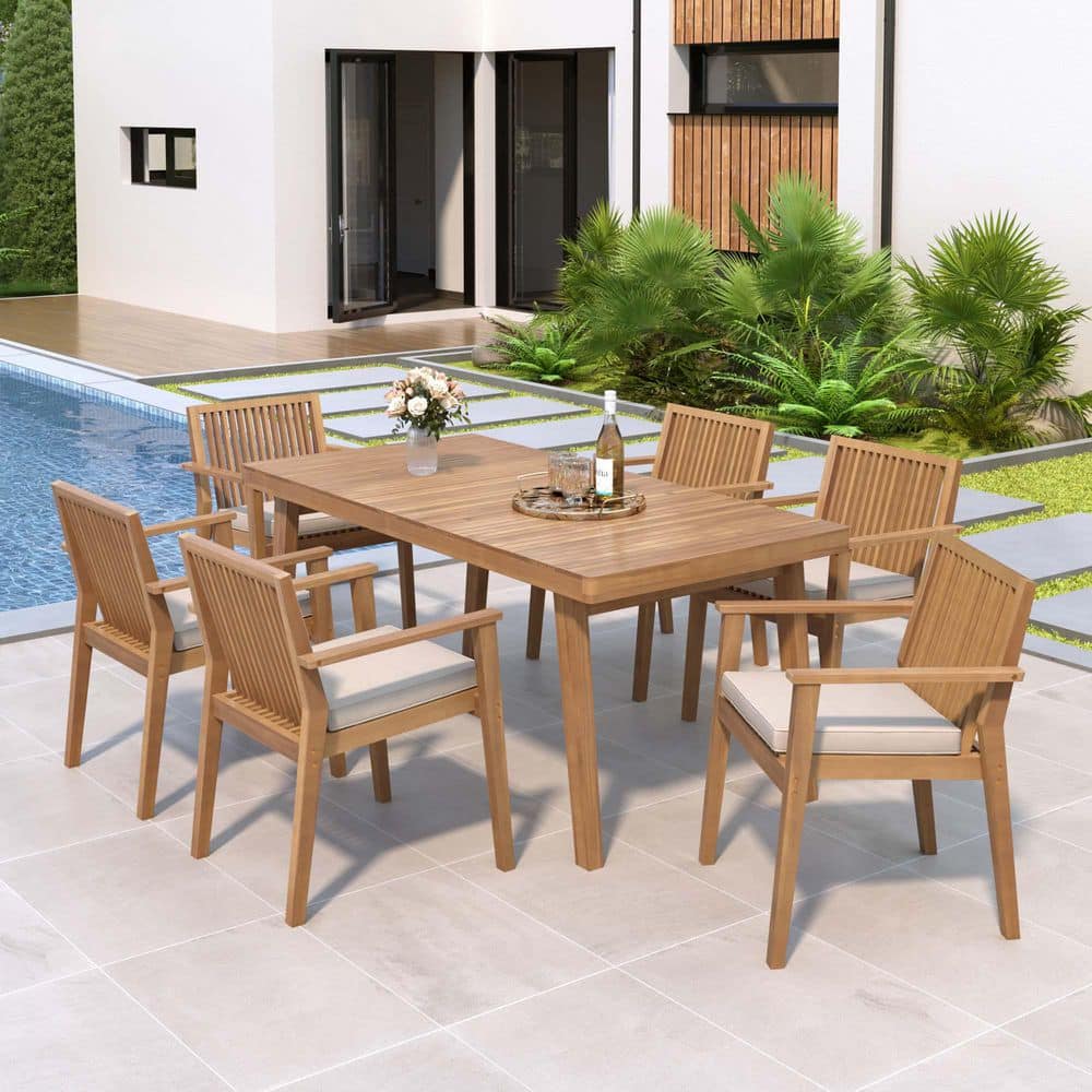 7-Piece Acacia Wood Outdoor Dining Set Table and 6 Heavy-Duty w/ Beige ...