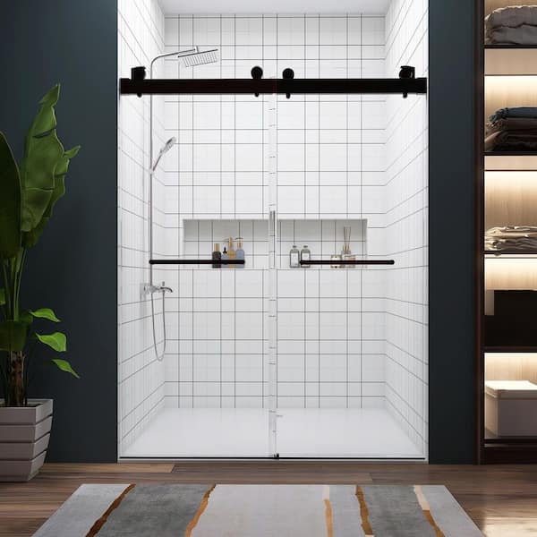 ROSWELL Villena 68 in. W x 78 in. H Single Sliding Frameless Shower Door in Matt Black with ...