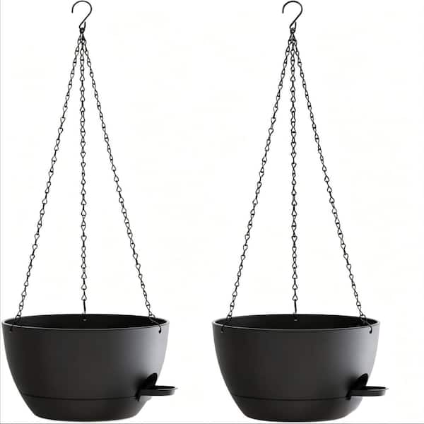 12 Inch Hanging Planters Self Watering Plastic Flower Pots Black 2 Pack ...