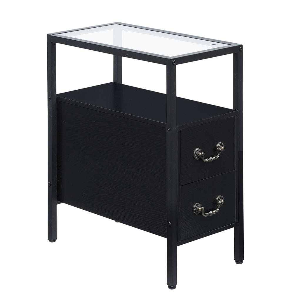 VECELO Black End Table Narrow Side Table 2-Drawers & Open Storage Shelf ...